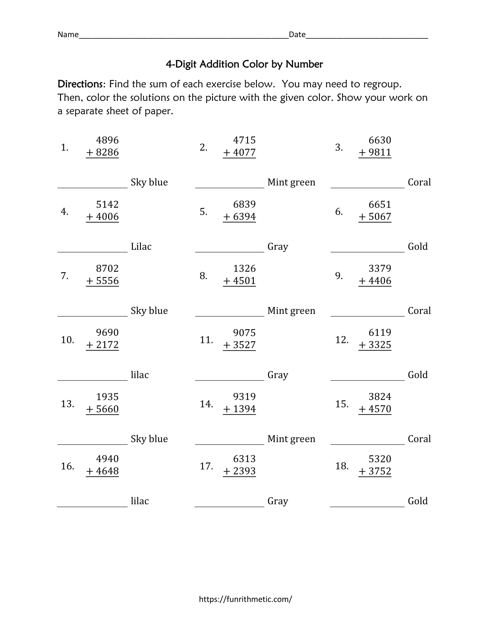 4-digit addition color by number-2 | Funrithmetic