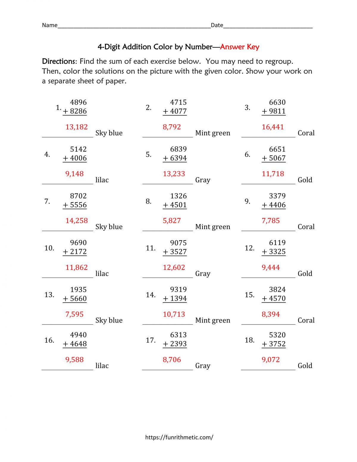 4-digit addition color by number-4 | Funrithmetic