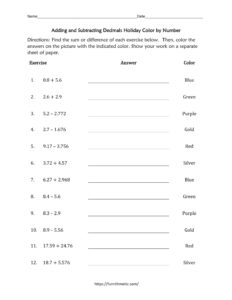 Adding and Subtracting Decimals Holiday Color by Number | Funrithmetic