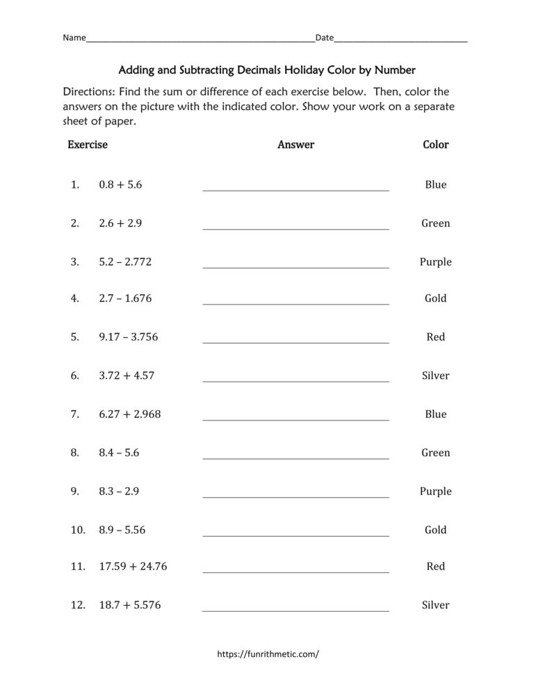 Adding and Subtracting Decimals Holiday Color by Number | Funrithmetic