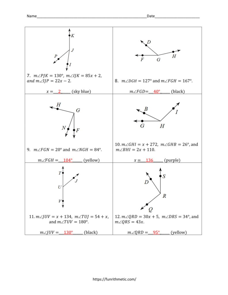 Angle Addition Postulate Color by Number-6 | Funrithmetic