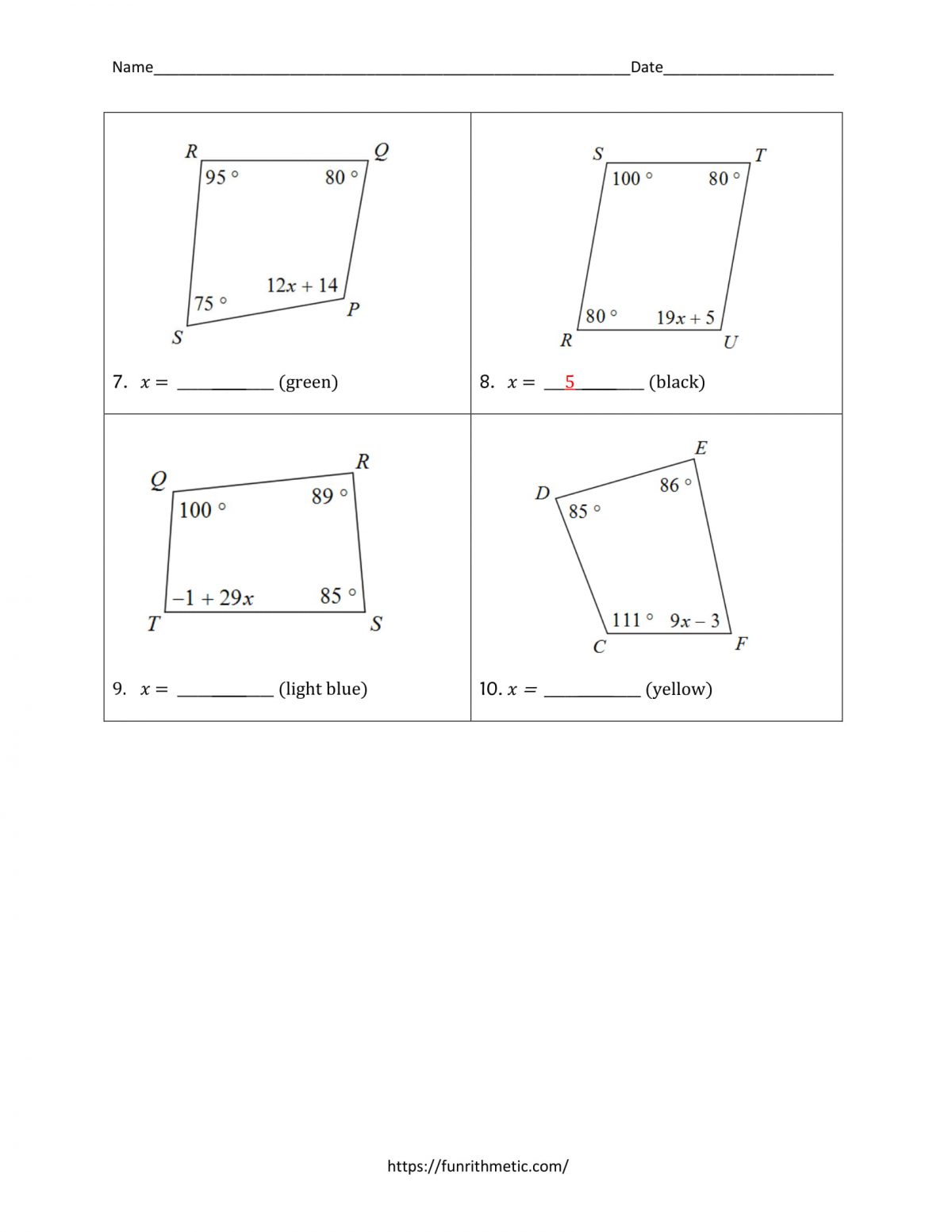 Angles in Quadrilaterals Color by Number-3 | Funrithmetic
