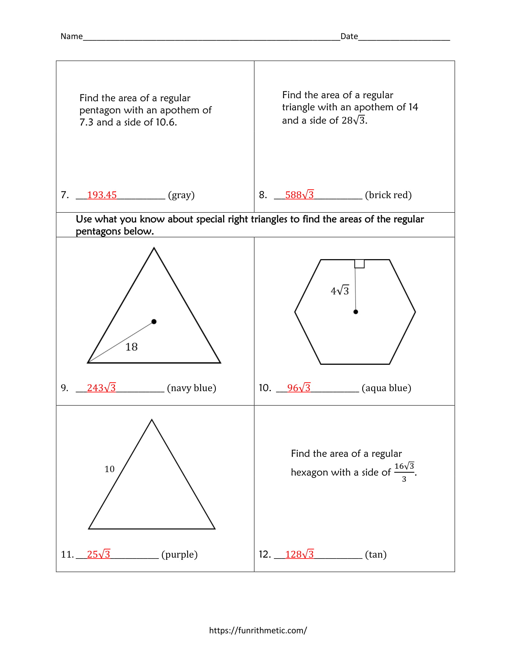 Areas of Regular Polygons Color by Number-6 | Funrithmetic