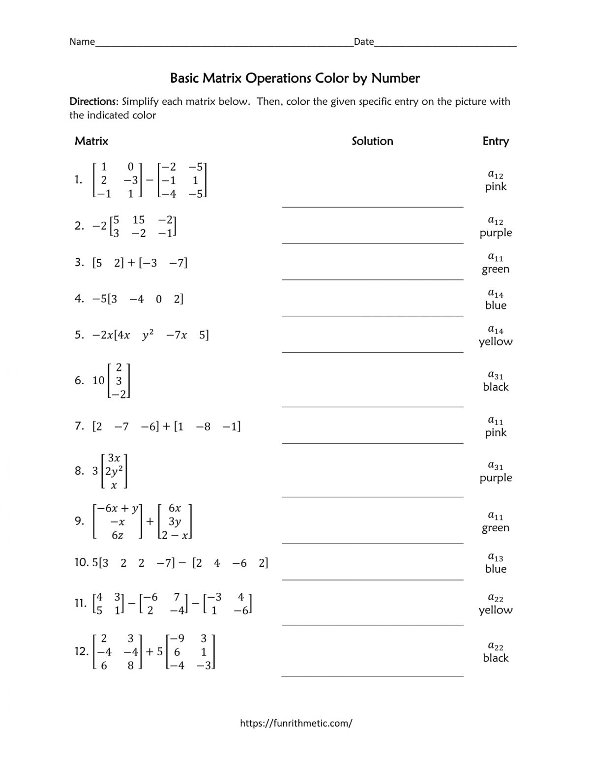 Basic Matrix Operations Color by Number-2 | Funrithmetic