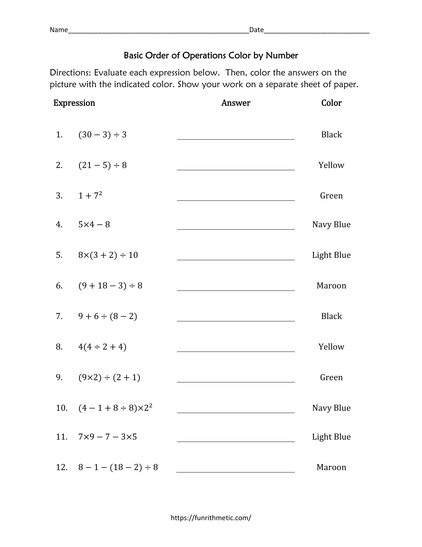 Basic Order of Operations Color by Number-2 | Funrithmetic
