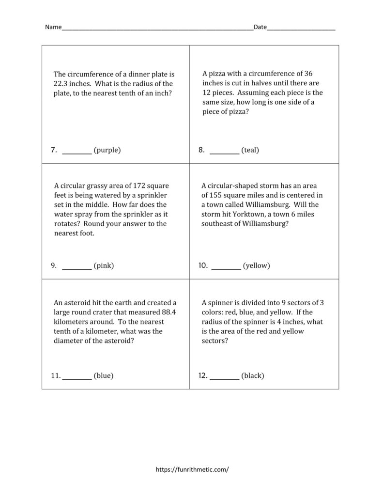 Circumference and Area of Circles Color by Number | Funrithmetic