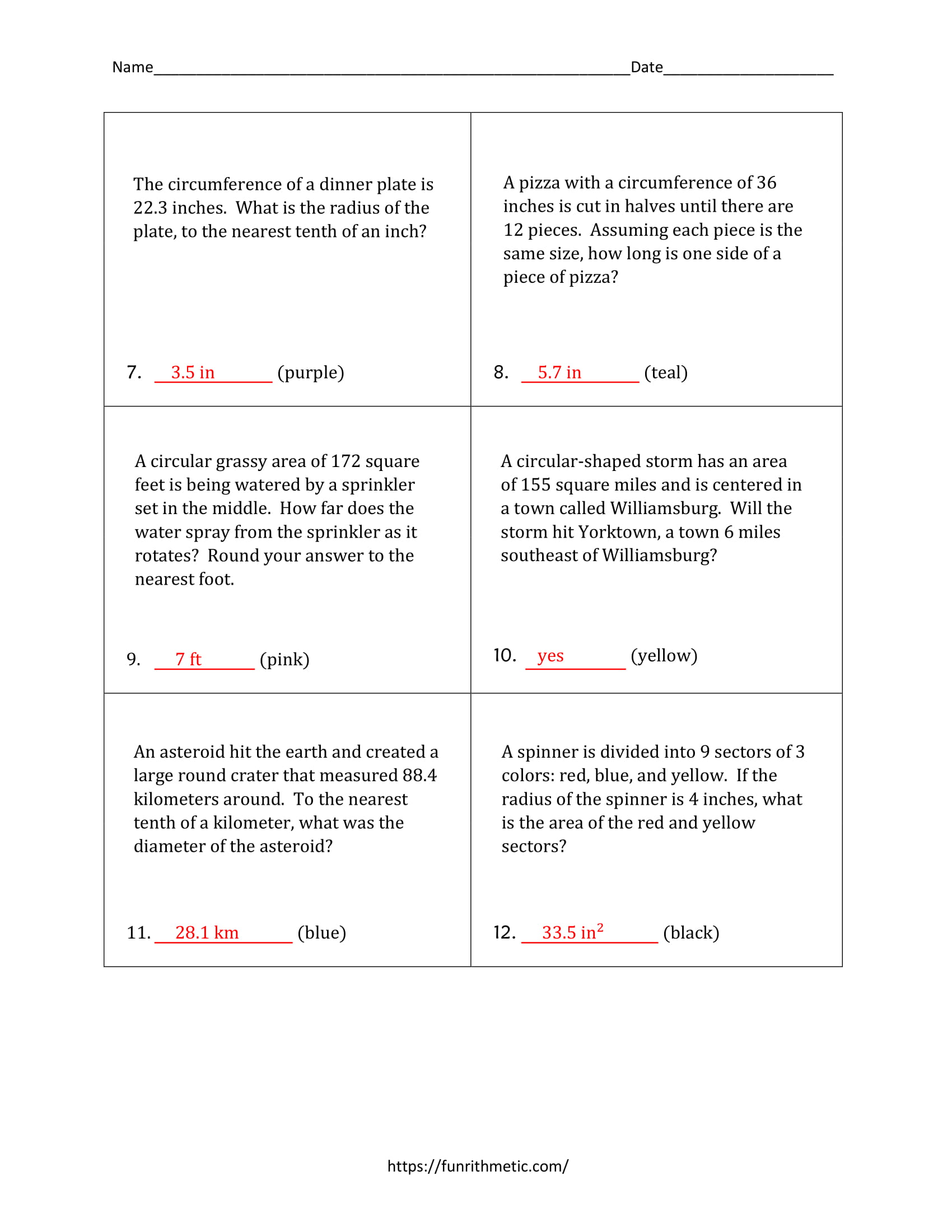 Circumference and Area of circles Color by Number-6 | Funrithmetic