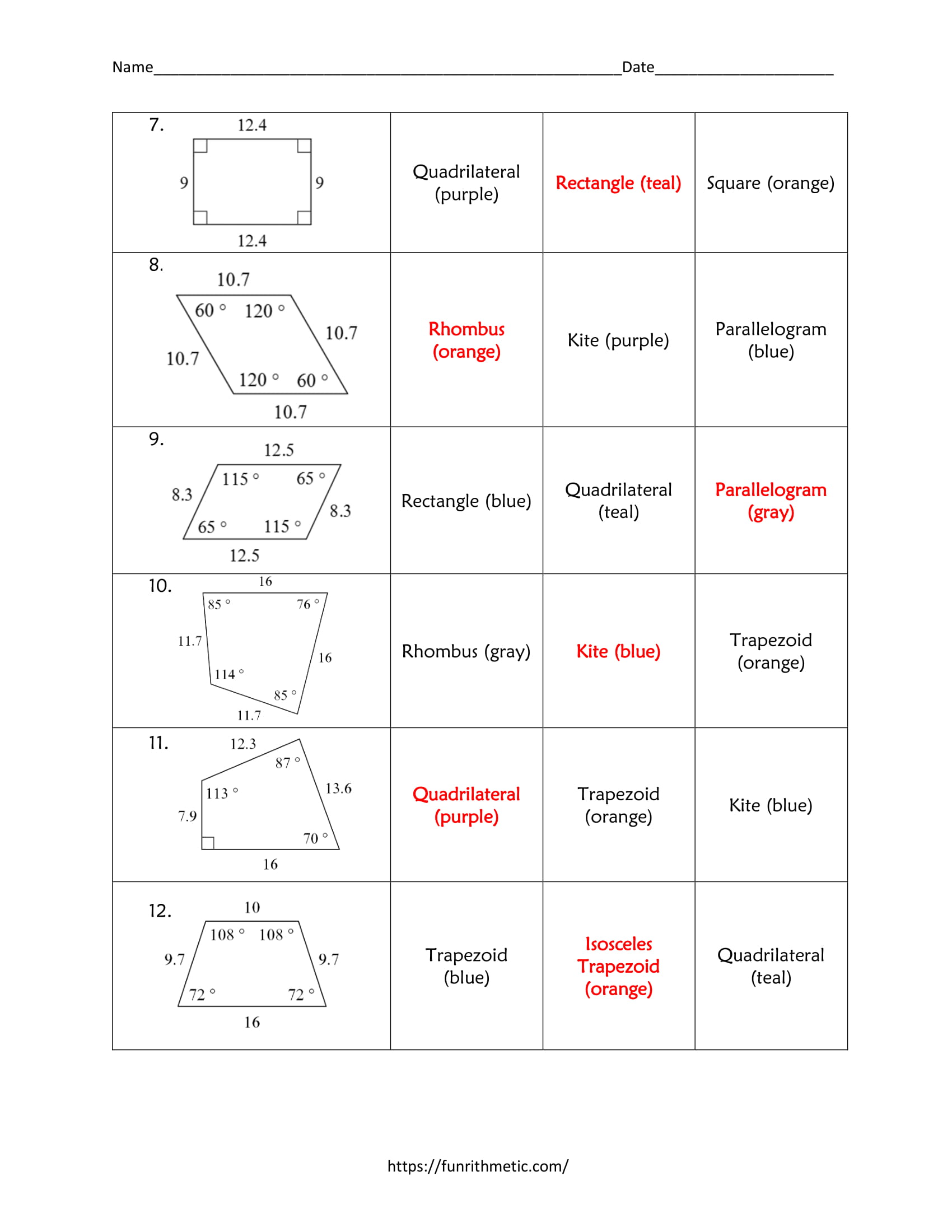 Classifying Quadrilaterals Color by Number-6 | Funrithmetic