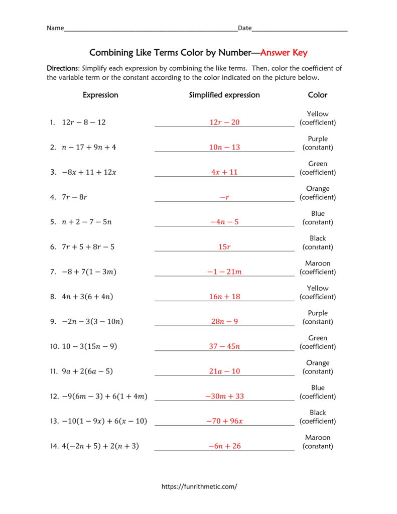 Combining Like Terms Color by Number-4 | Funrithmetic