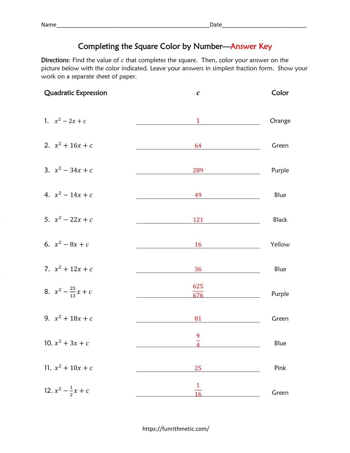 Completing the Square Color by Number-4 | Funrithmetic