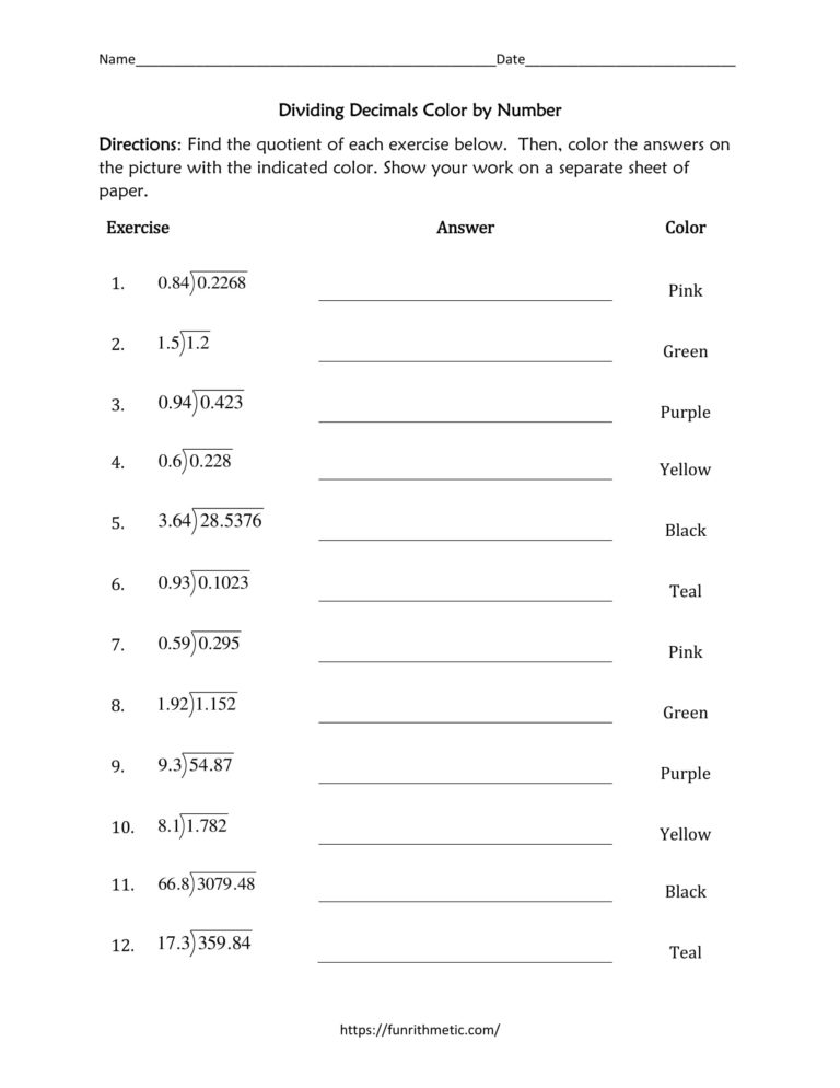 Dividing Decimals Color by Number | Funrithmetic