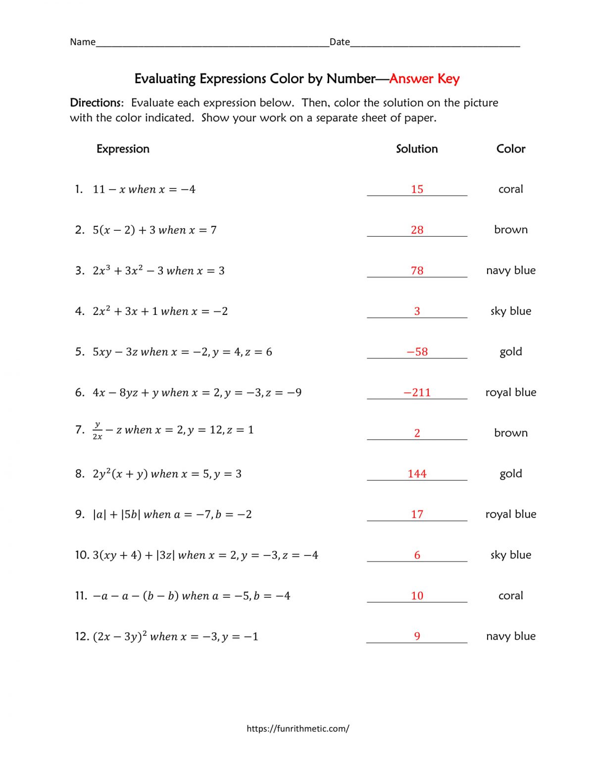 Evaluating Expressions Color by Number-4 | Funrithmetic