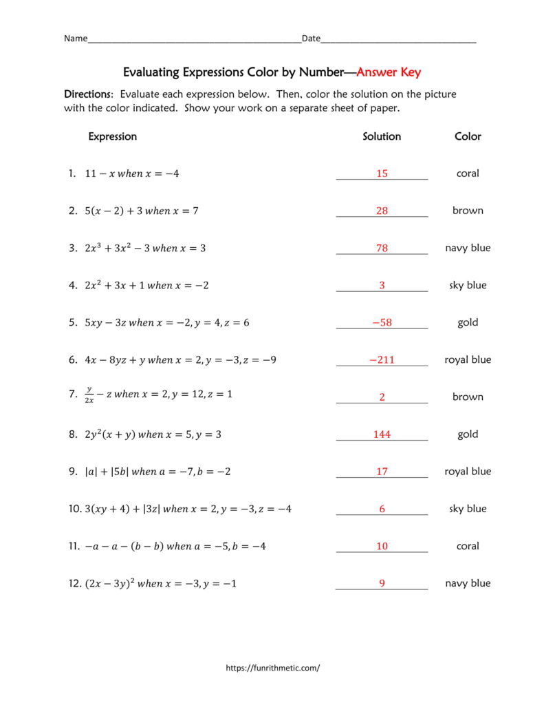 Evaluating Expressions Color by Number-4 | Funrithmetic