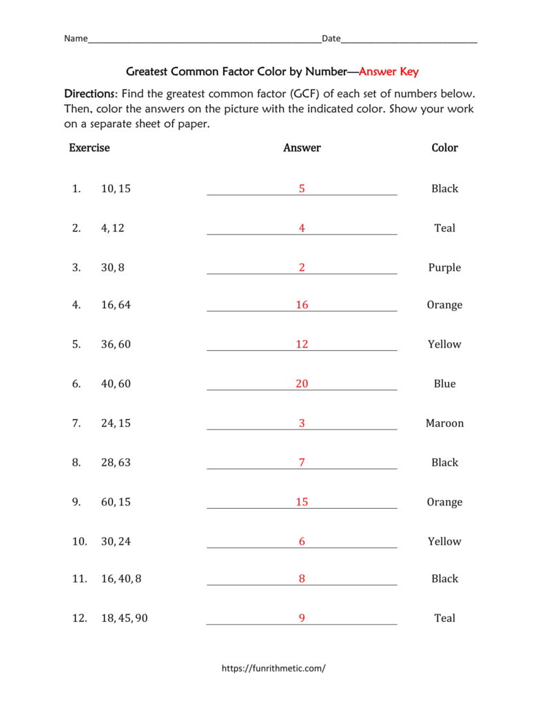 Greatest Common Factor (GCF) Color by Number | Funrithmetic