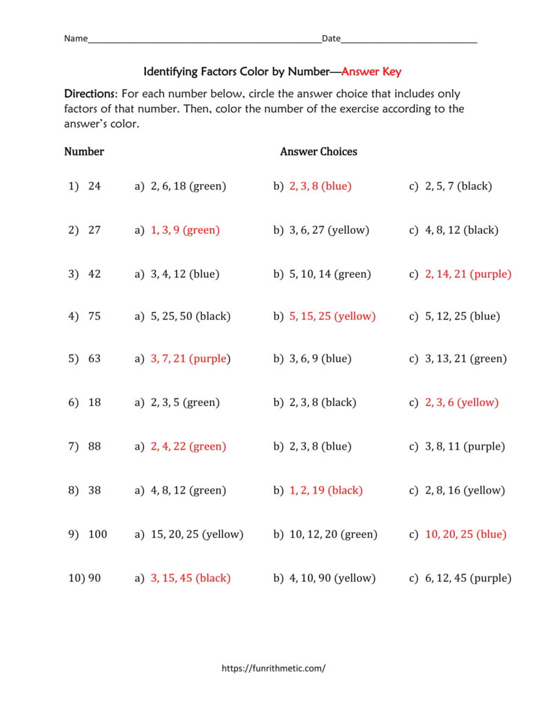 Identifying Factors Color by Number-4 | Funrithmetic