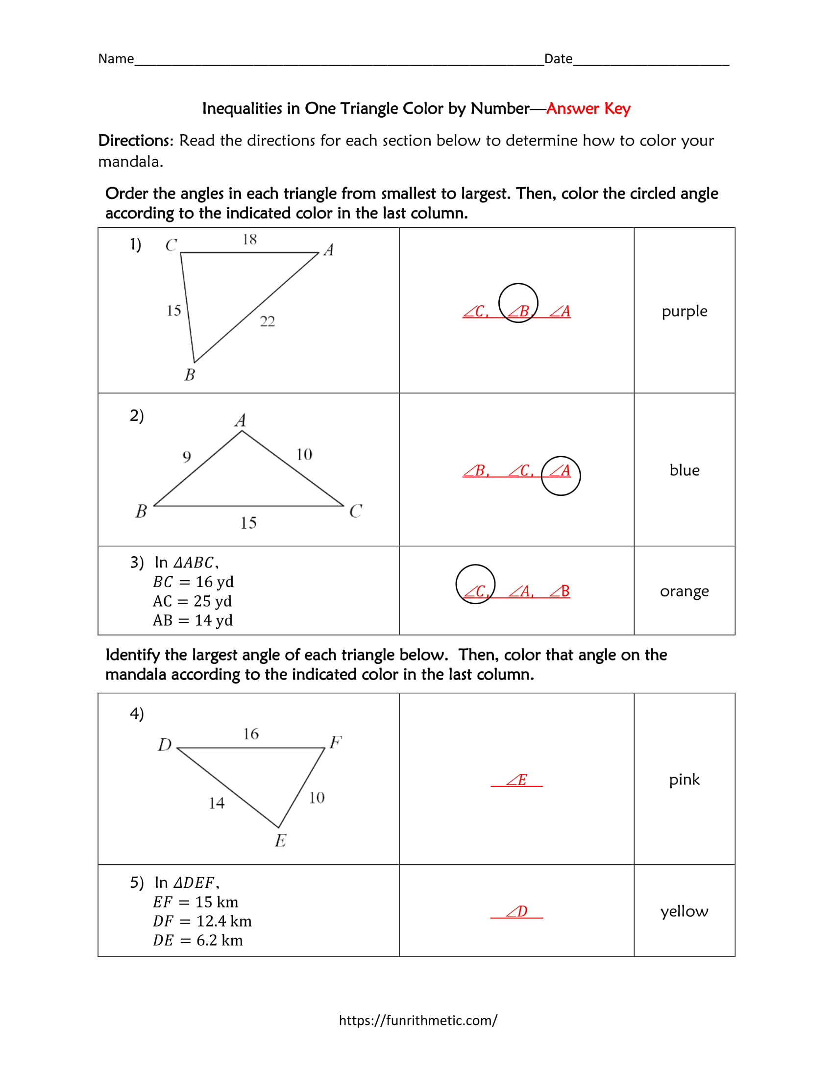 Inequalities in One Triangle Color by Number-5 | Funrithmetic