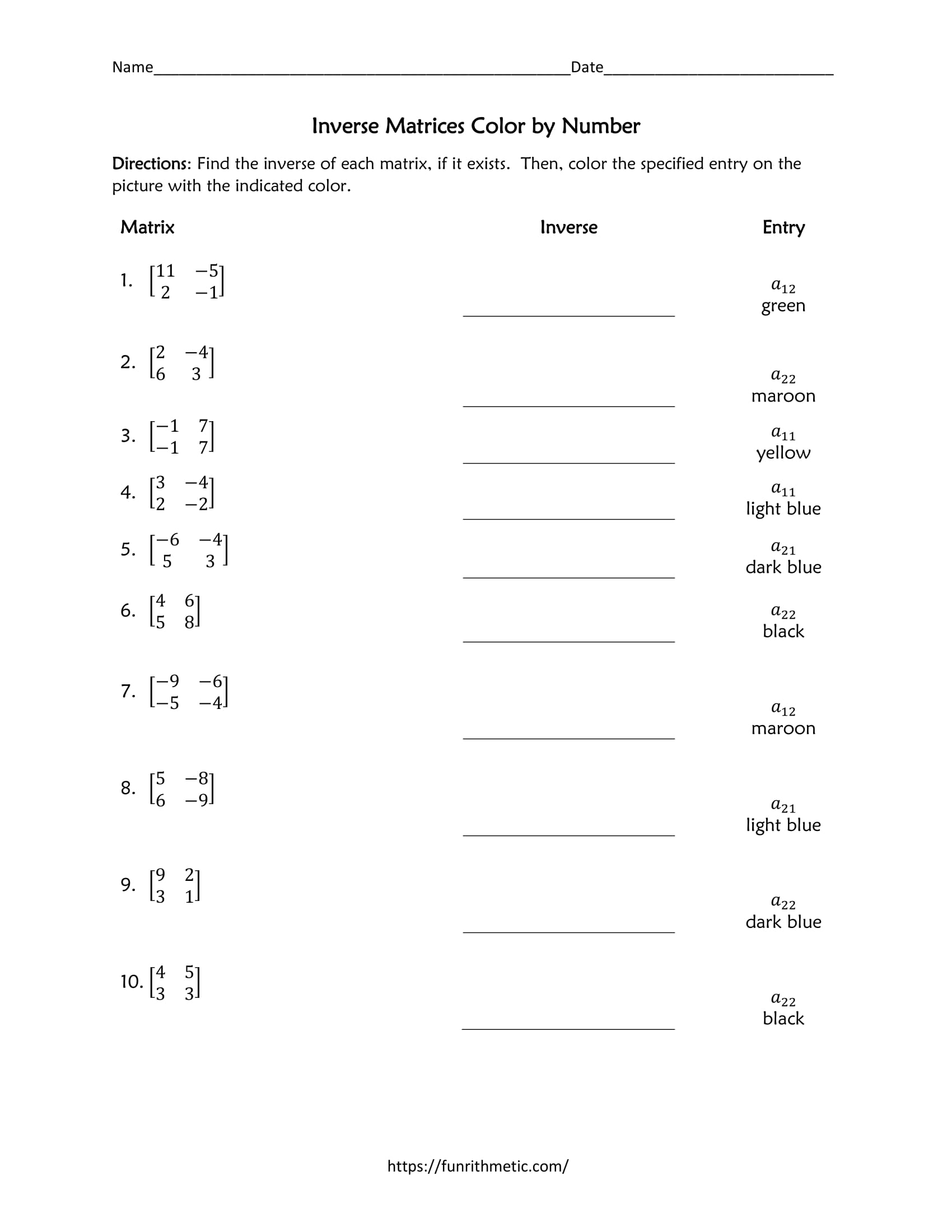 Inverse Matrices Color by Number-2 | Funrithmetic