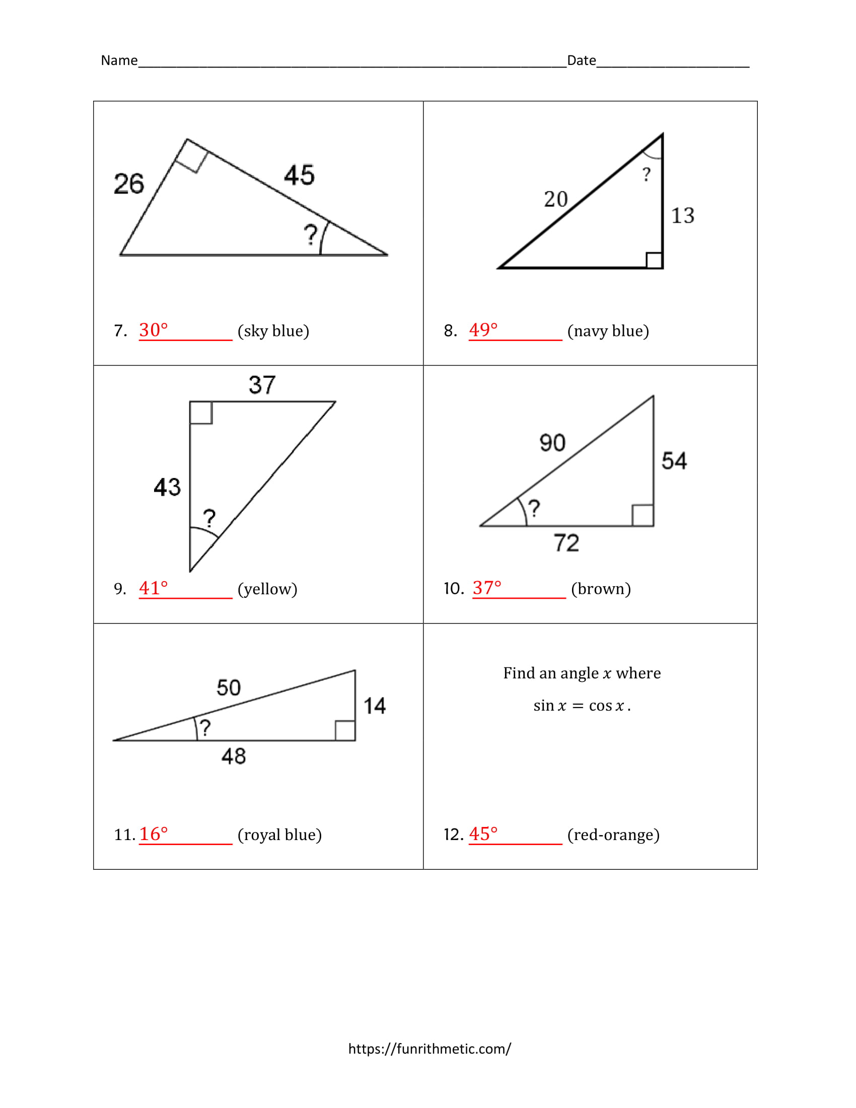 Inverse Trig Ratios Color by Number-6 | Funrithmetic