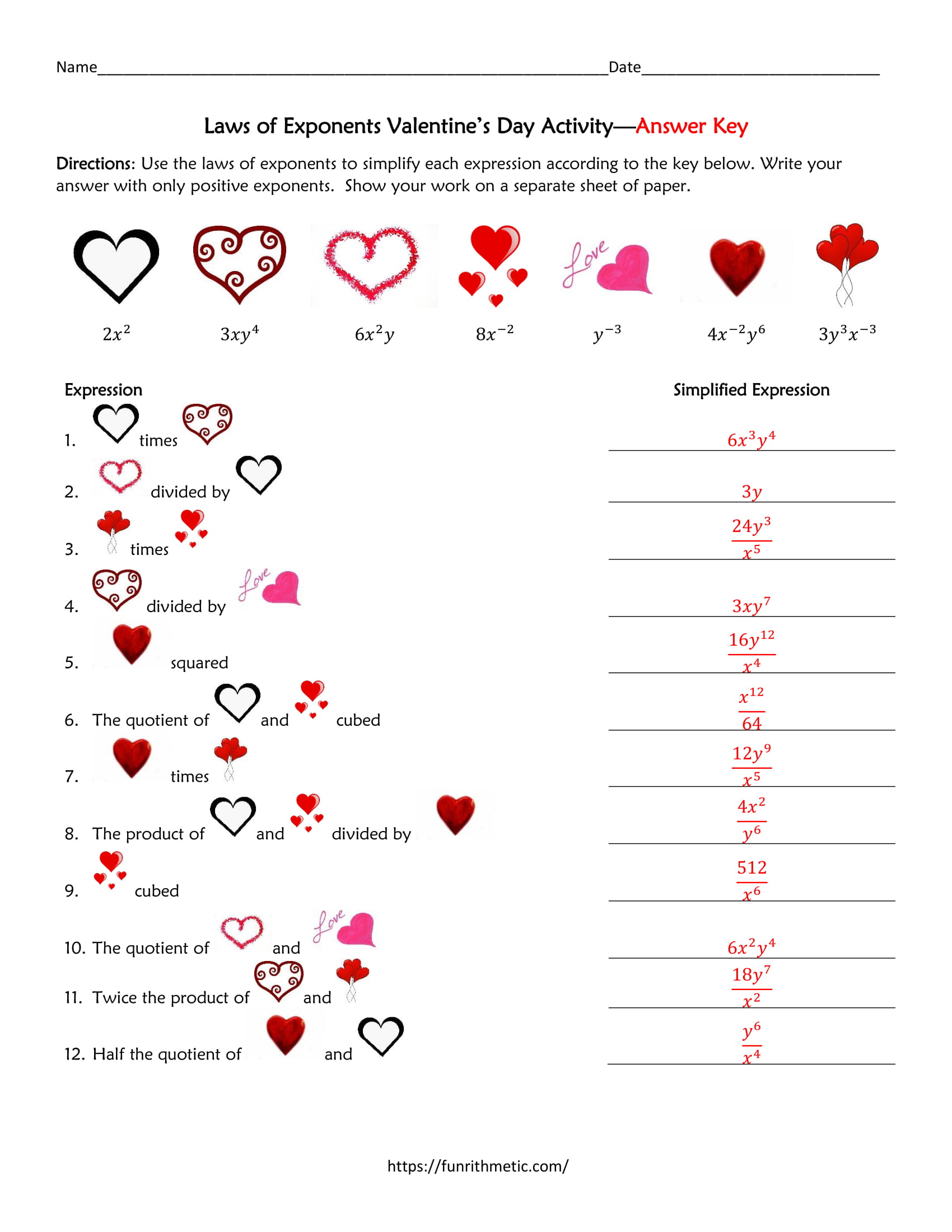 Laws of Exponents Valentine’s Day Activity-3 | Funrithmetic