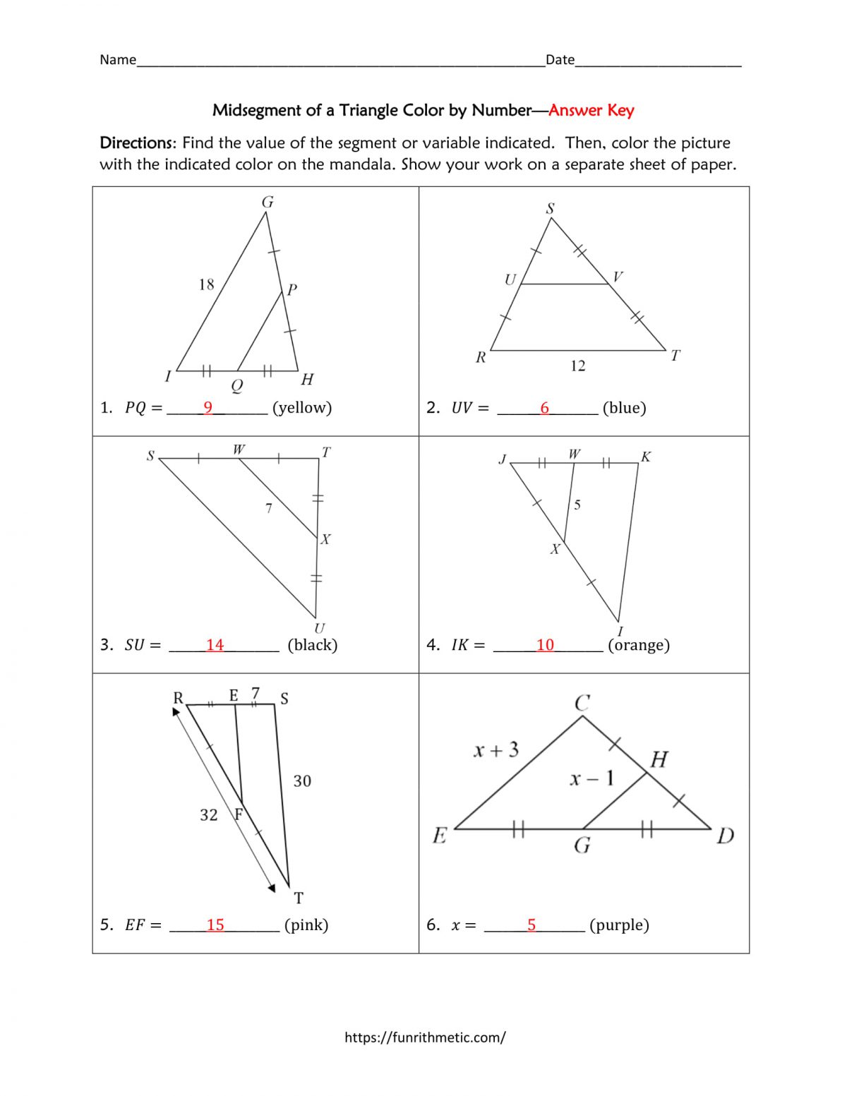 Midsegment of a Triangle Color by Number-5 | Funrithmetic