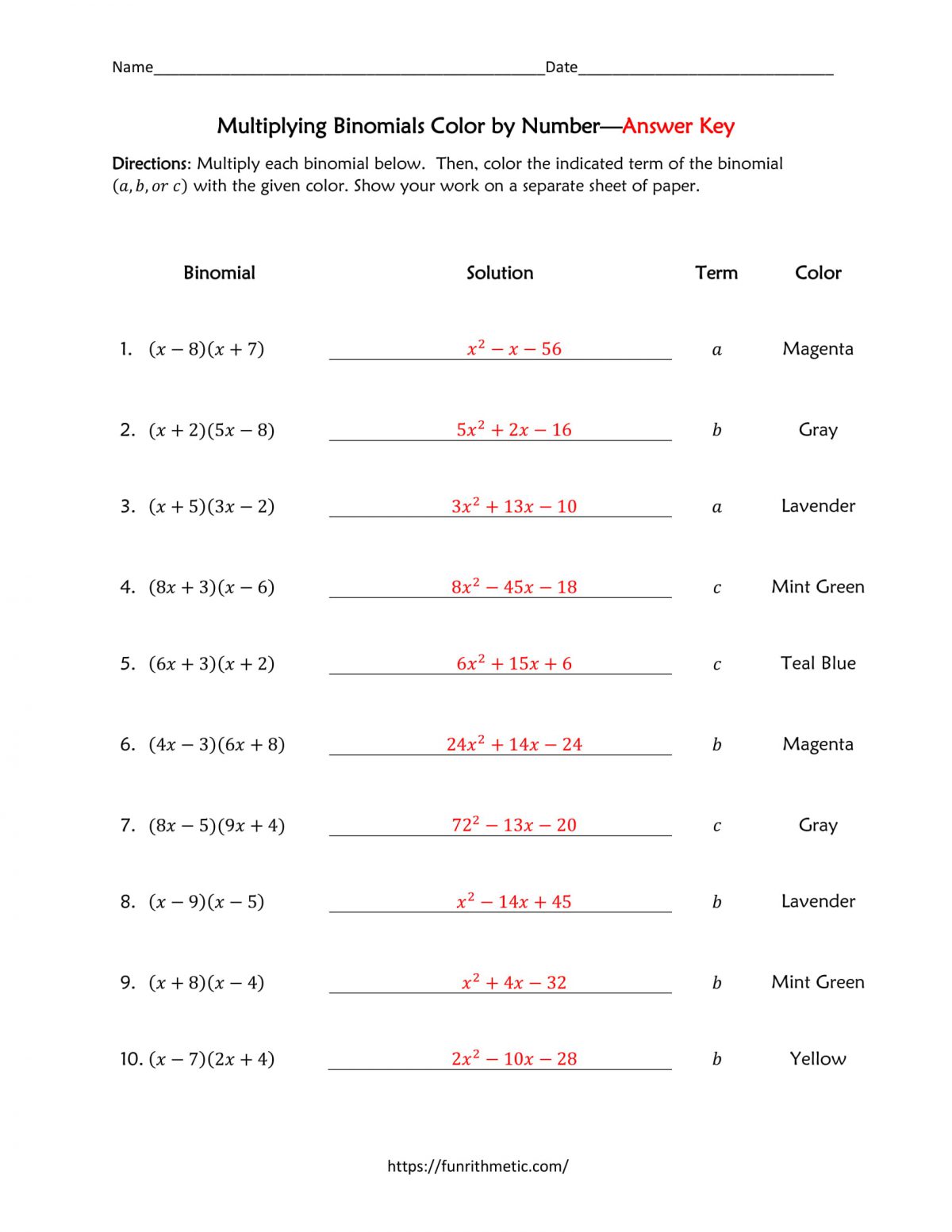 Multiplying Binomials Color by Number-4 | Funrithmetic