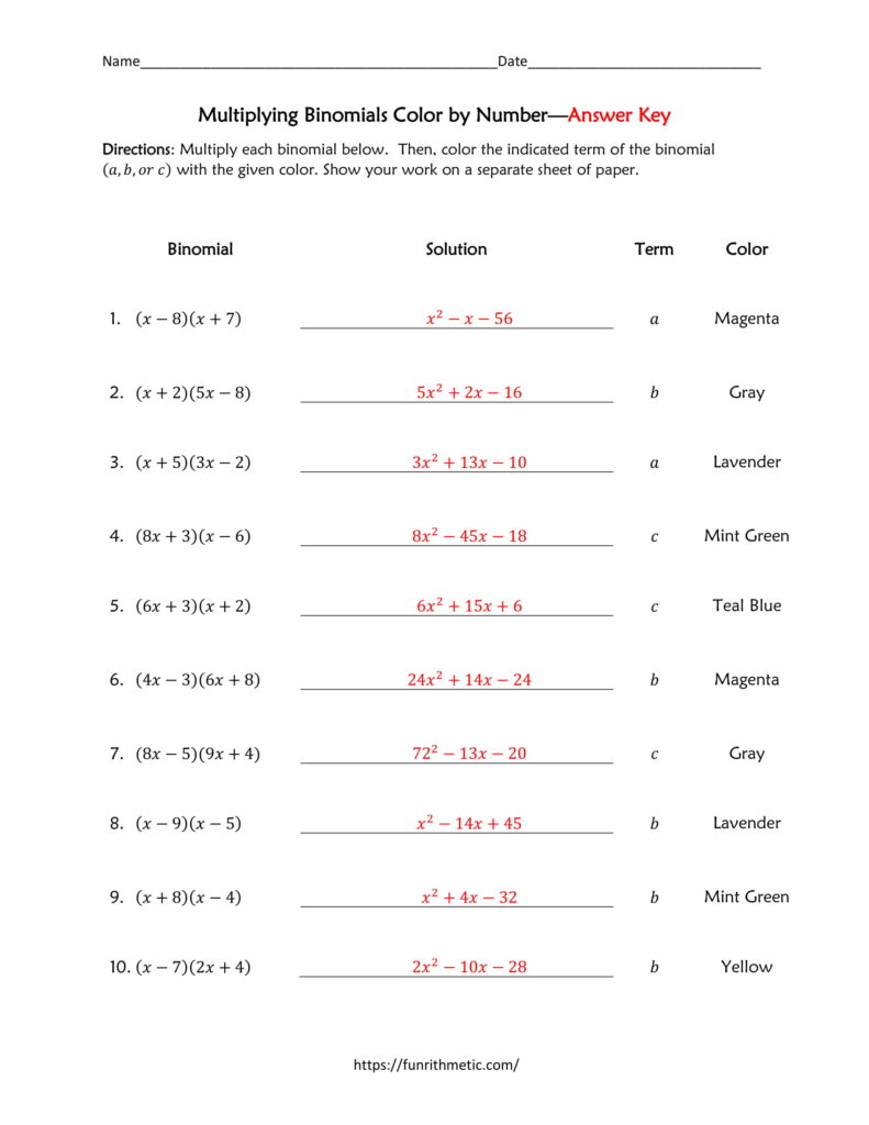 Multiplying Binomials Color by Number-4 | Funrithmetic