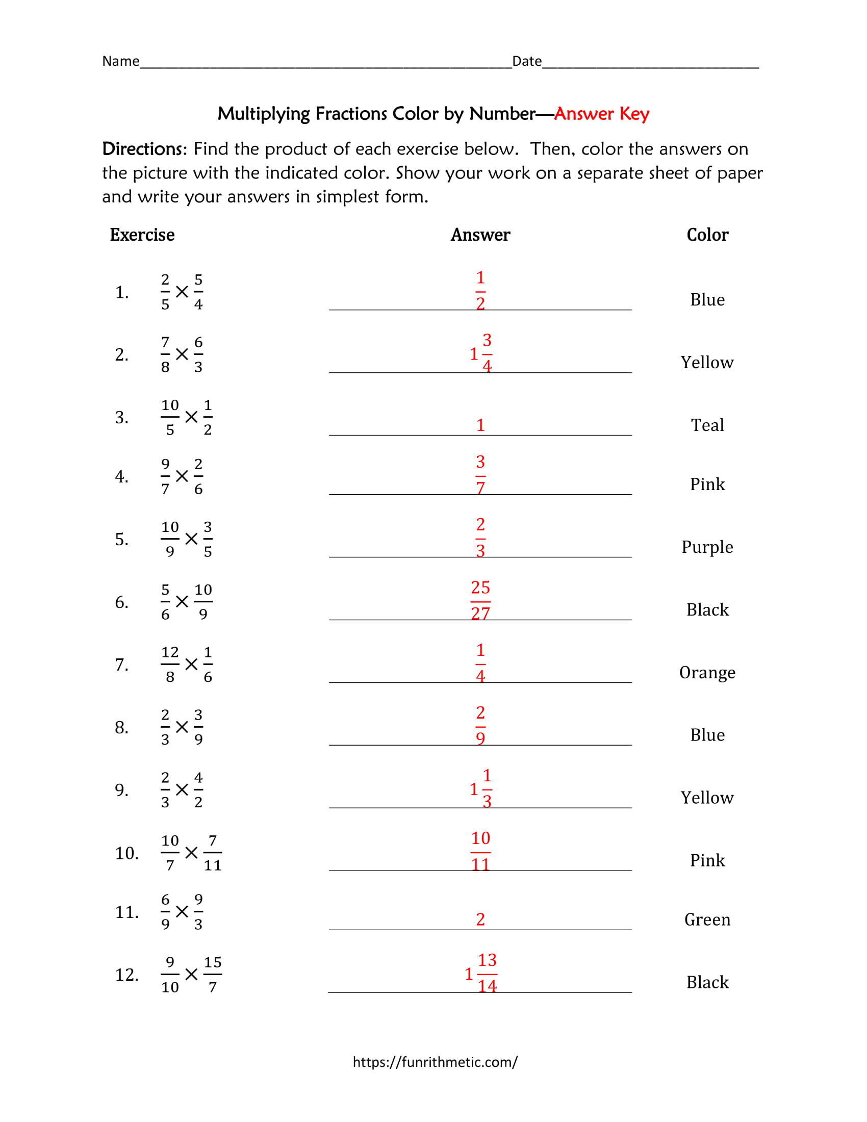 Multiplying Fractions Color by Number-4 | Funrithmetic