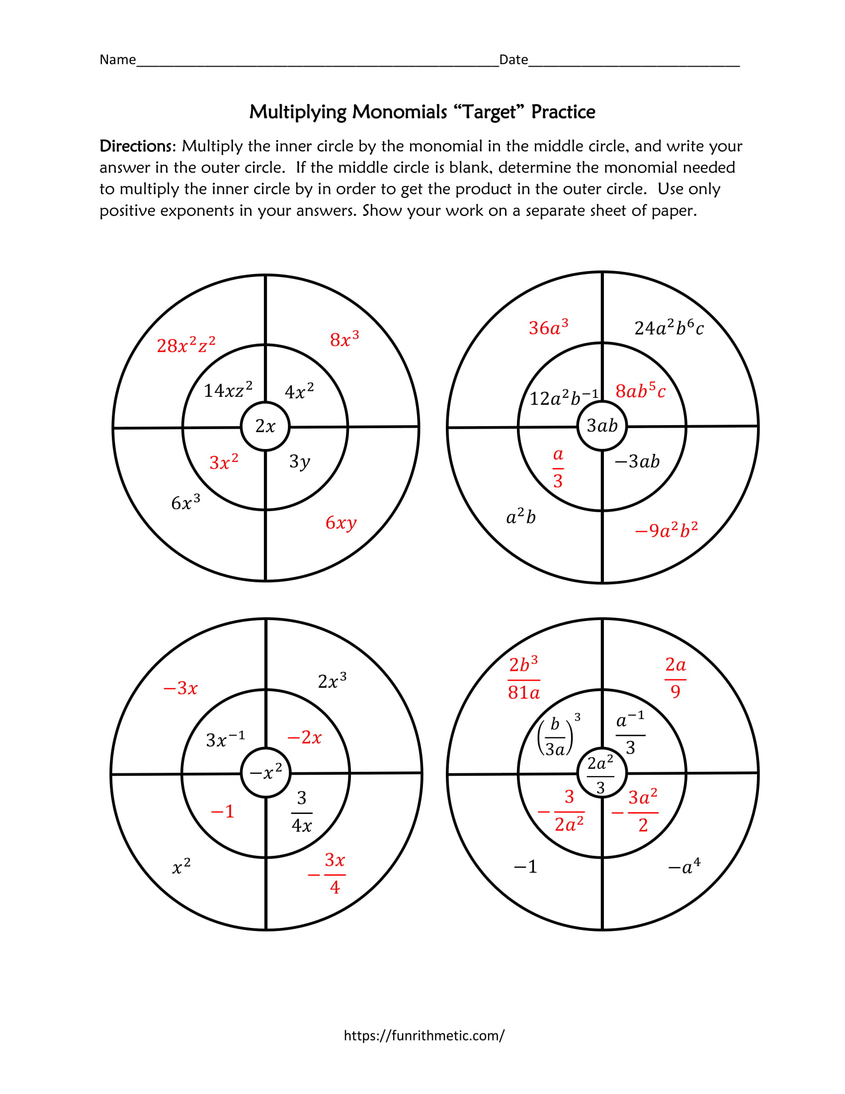 Multiplying Monomials target practice-3 | Funrithmetic