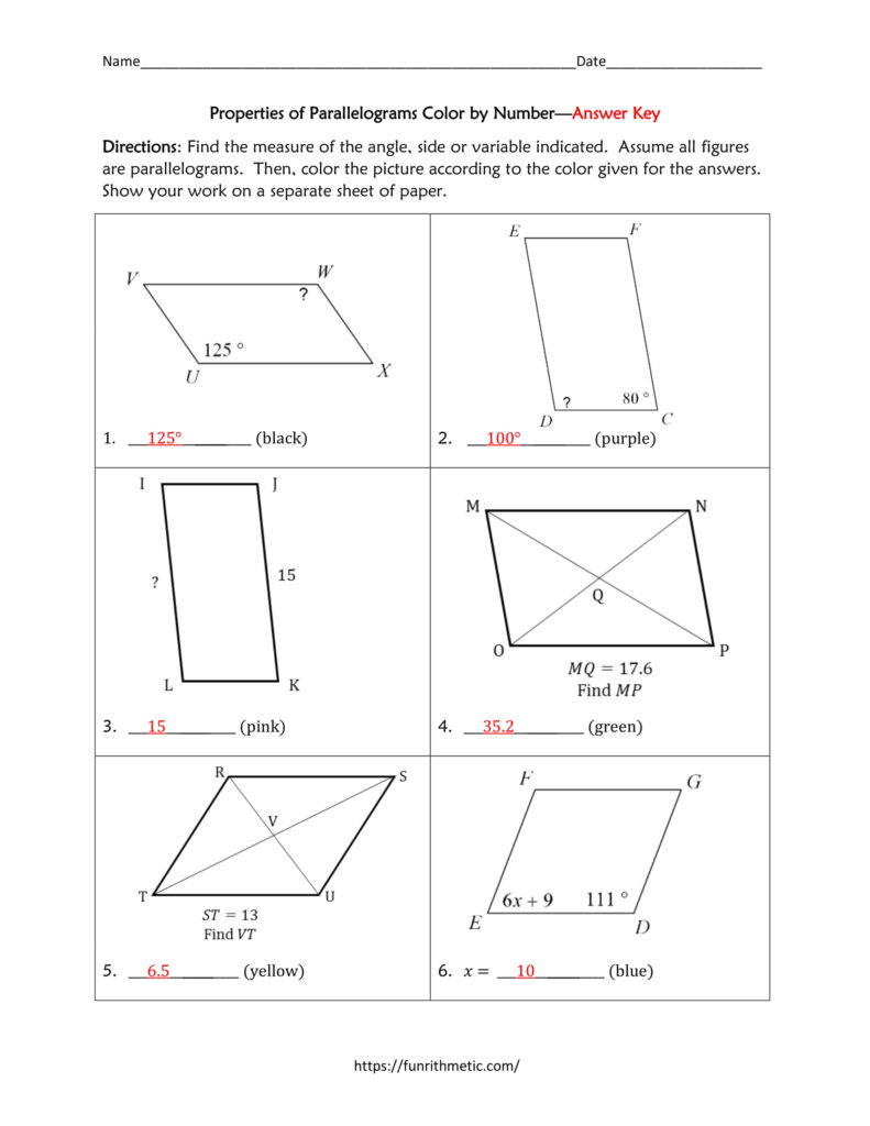 Properties of Parallelograms Color by Number-5 | Funrithmetic