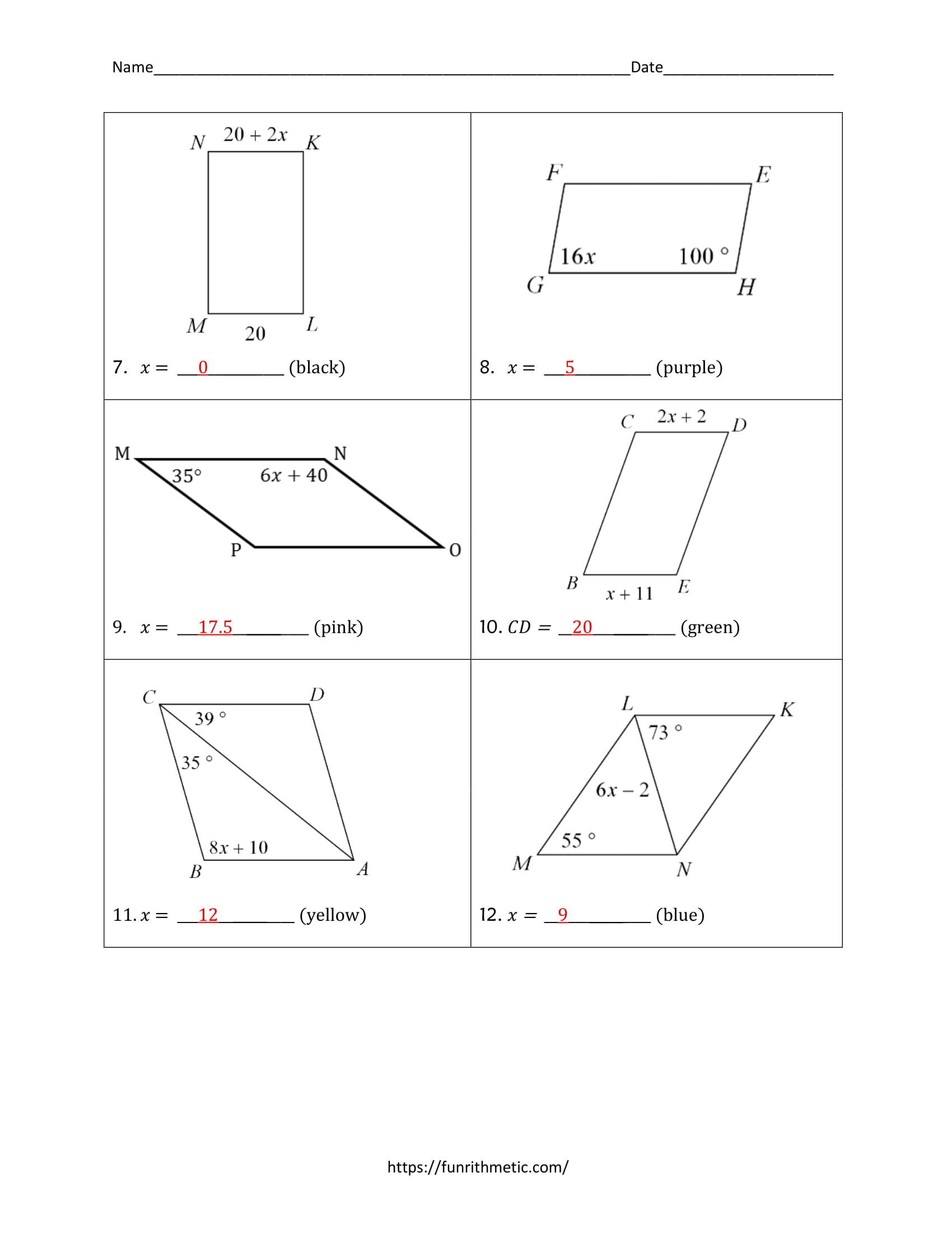 Properties of Parallelograms Color by Number-6 | Funrithmetic