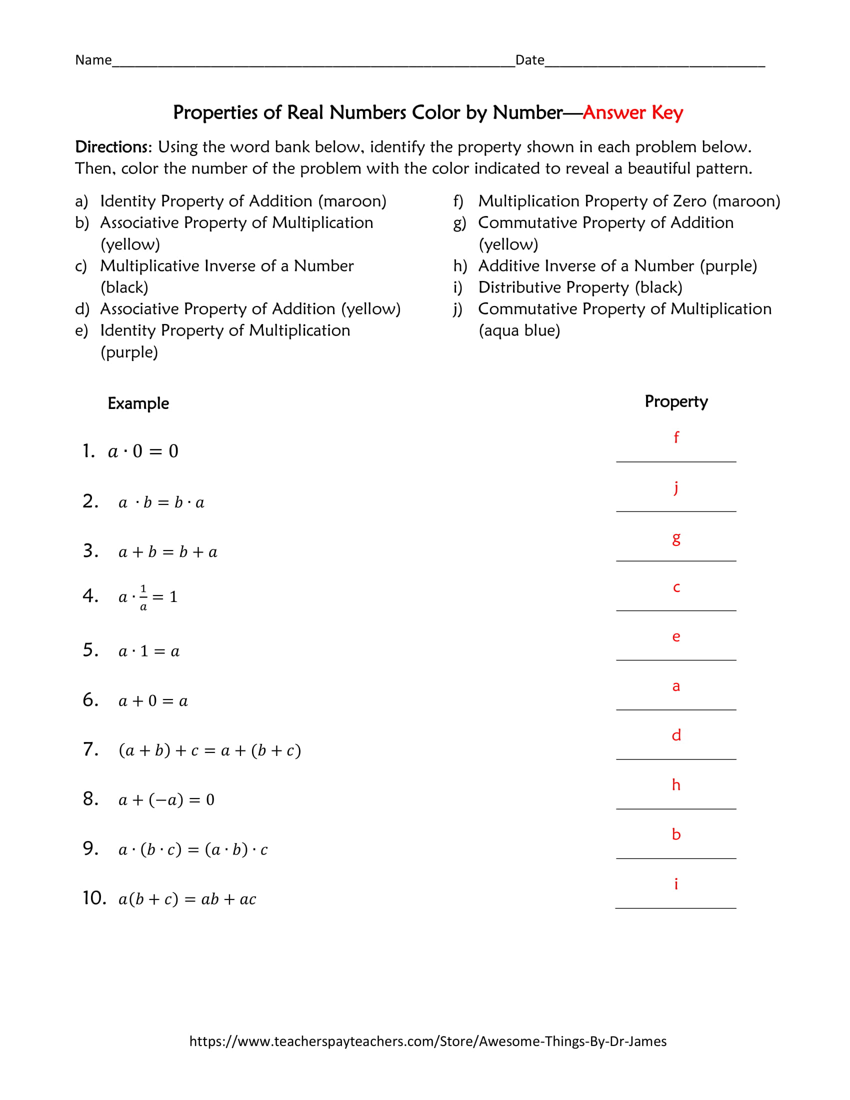 Properties of Real Numbers Color by Number-4 | Funrithmetic