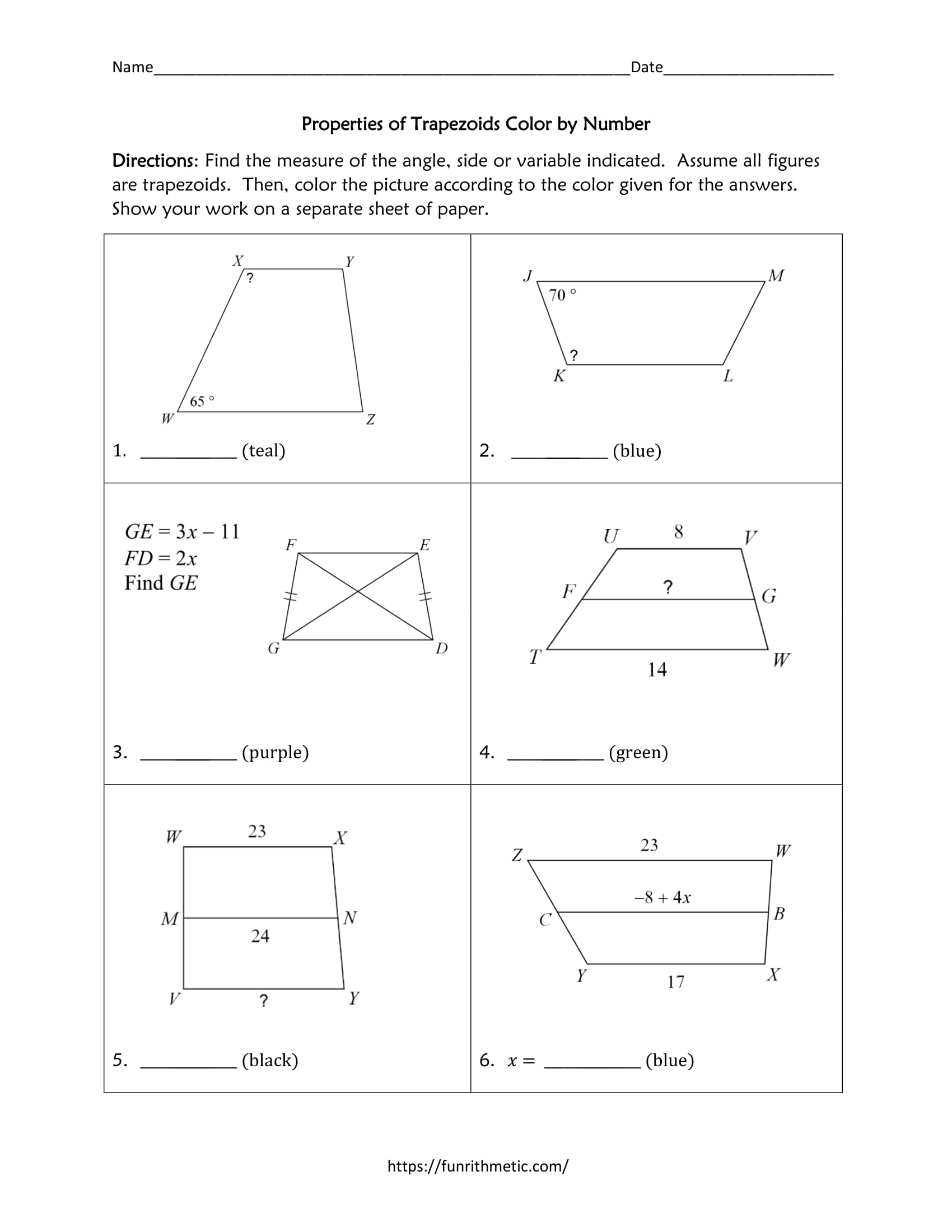 Properties of Trapezoids Color by Number-2 | Funrithmetic