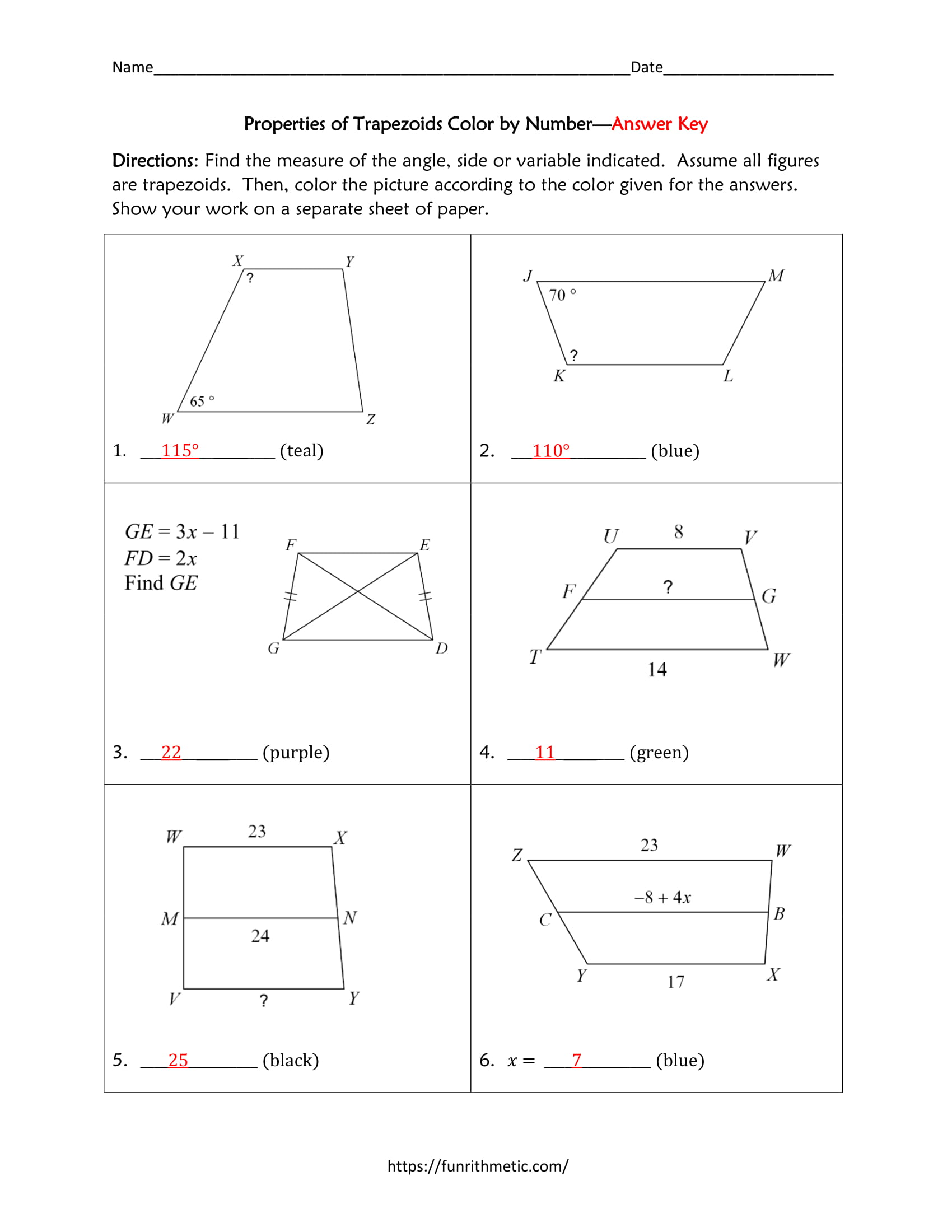 Properties of Trapezoids Color by Number-5 | Funrithmetic