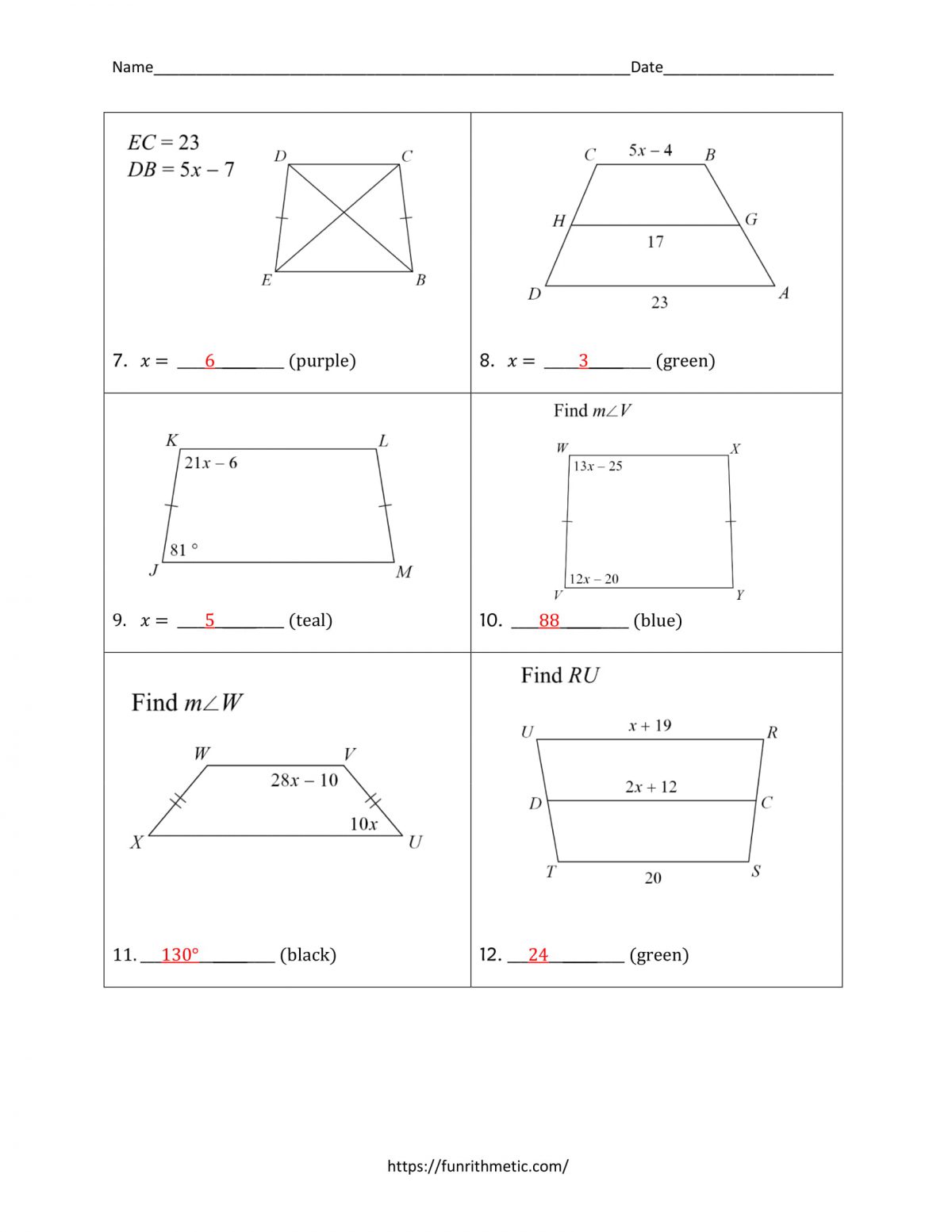 Properties of Trapezoids Color by Number-6 | Funrithmetic