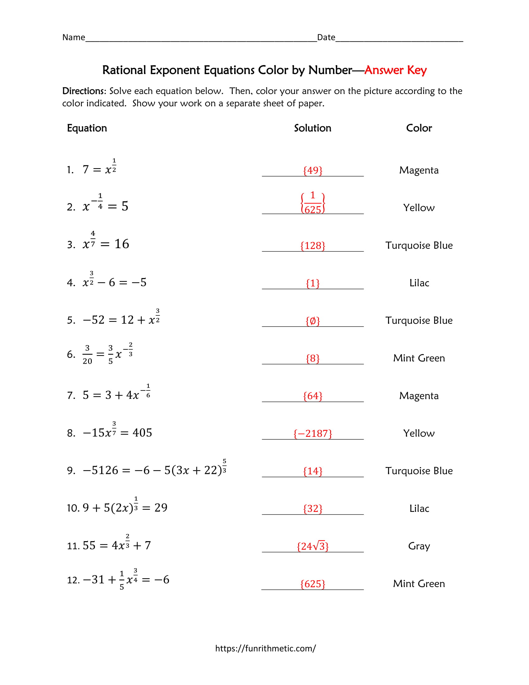 Rational Exponent Equations Color by Number-4 | Funrithmetic