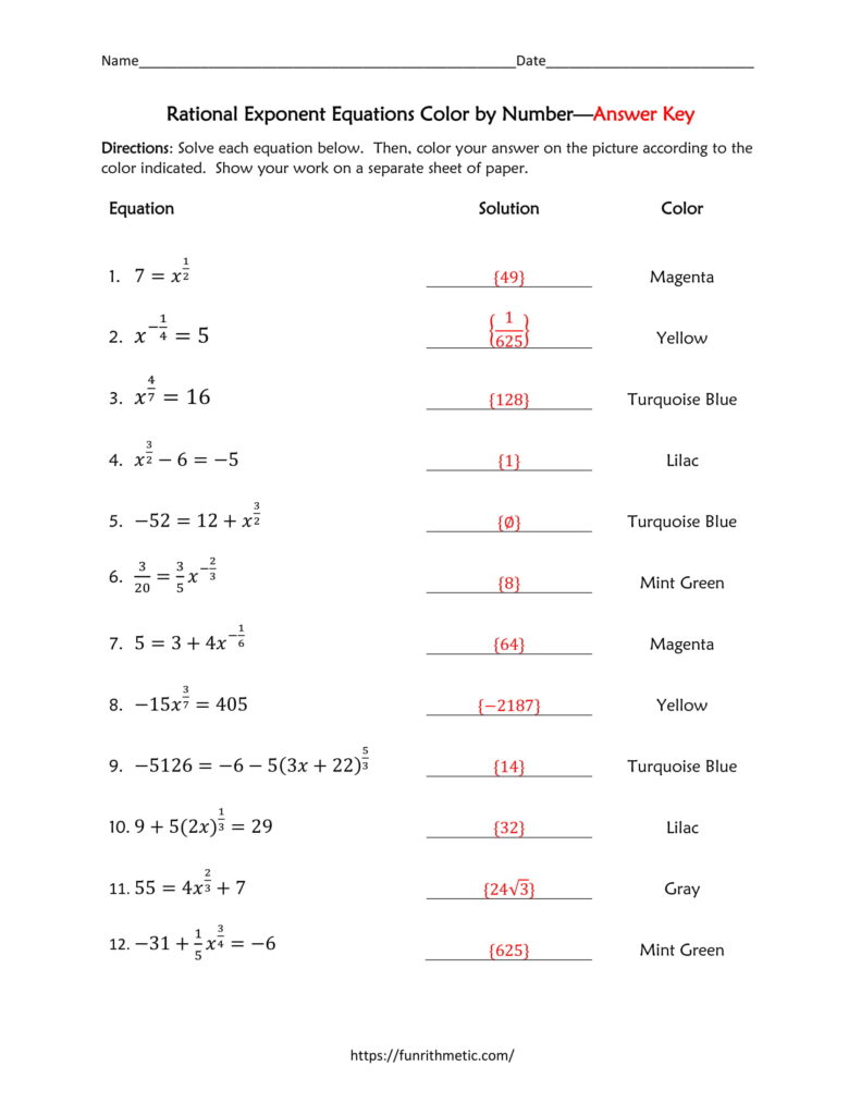 Rational Exponent Equations Color by Number-4 | Funrithmetic