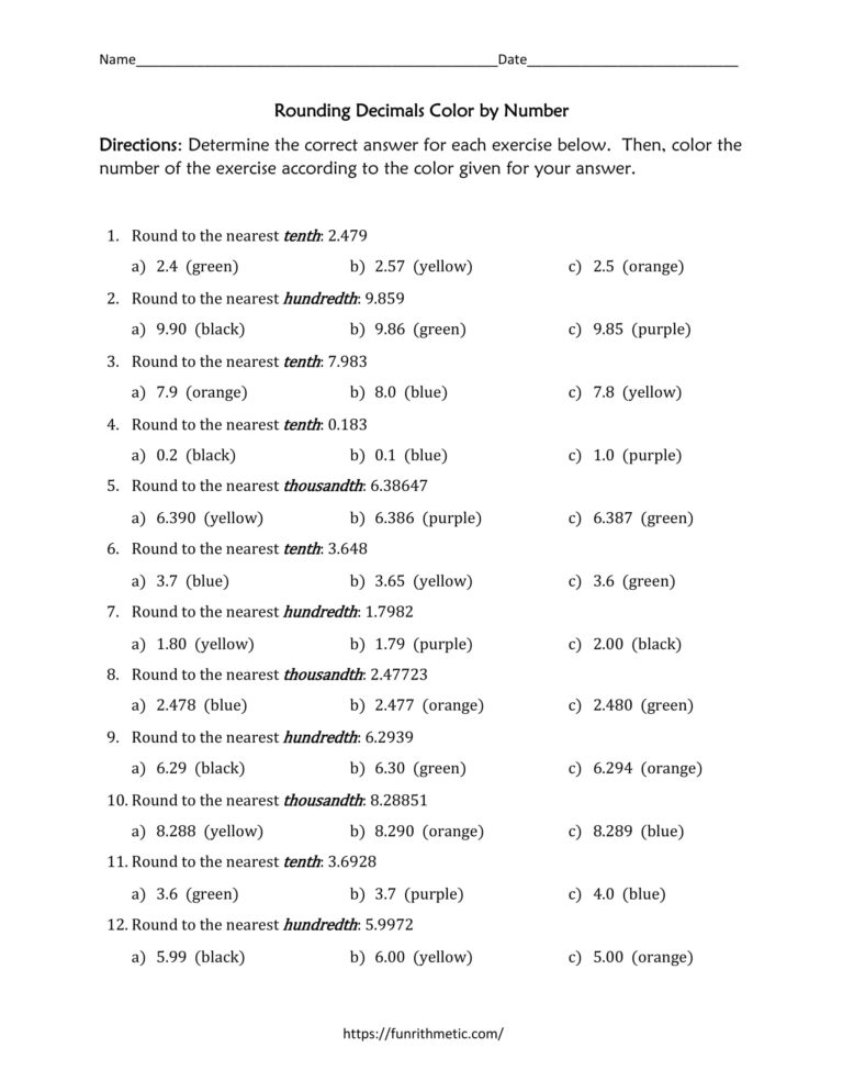 Rounding Decimals Color by Number | Funrithmetic