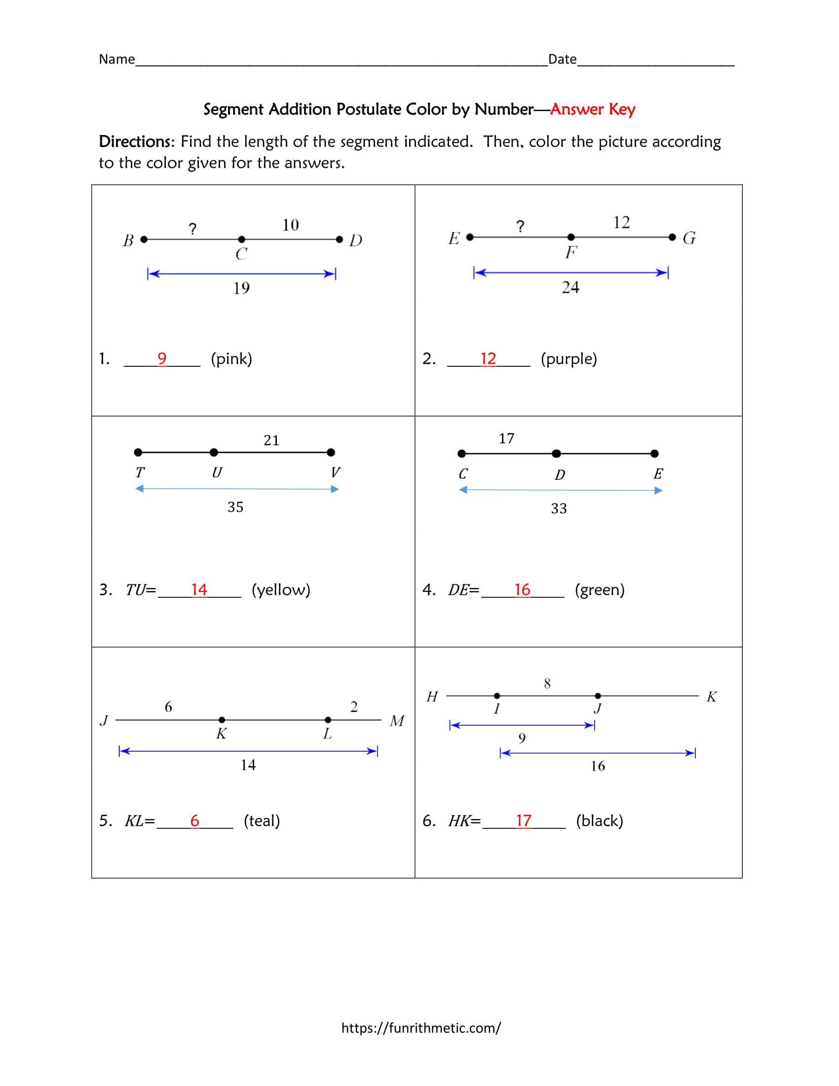 Segment Addition Postulate Color By Number 5 Funrithmetic Segment Addition Postulate Color By Number 5 Funrithmetic