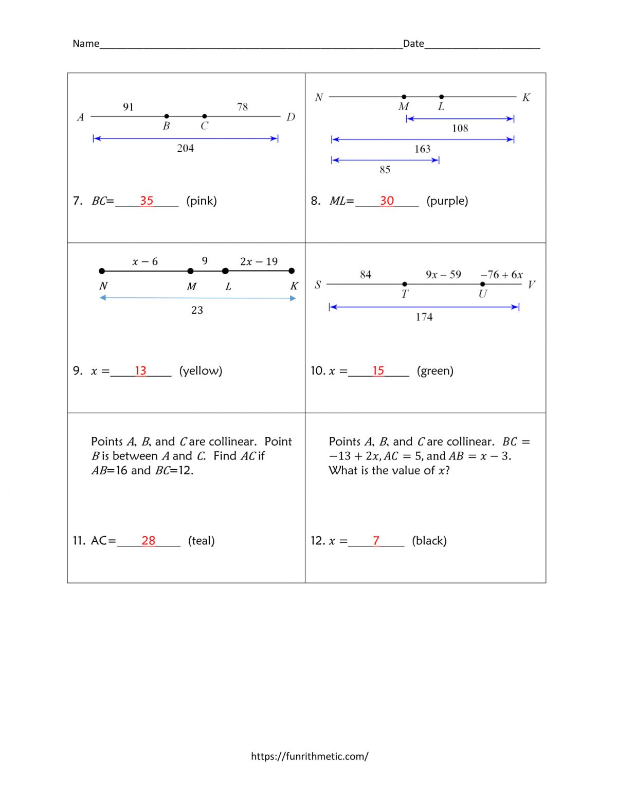 Segment Addition Postulate Color by Number-6 | Funrithmetic