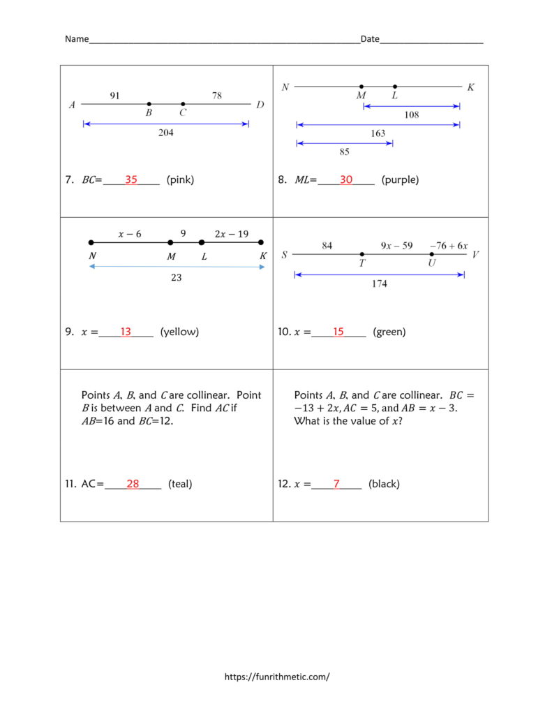 Segment Addition Postulate Color by Number-6 | Funrithmetic
