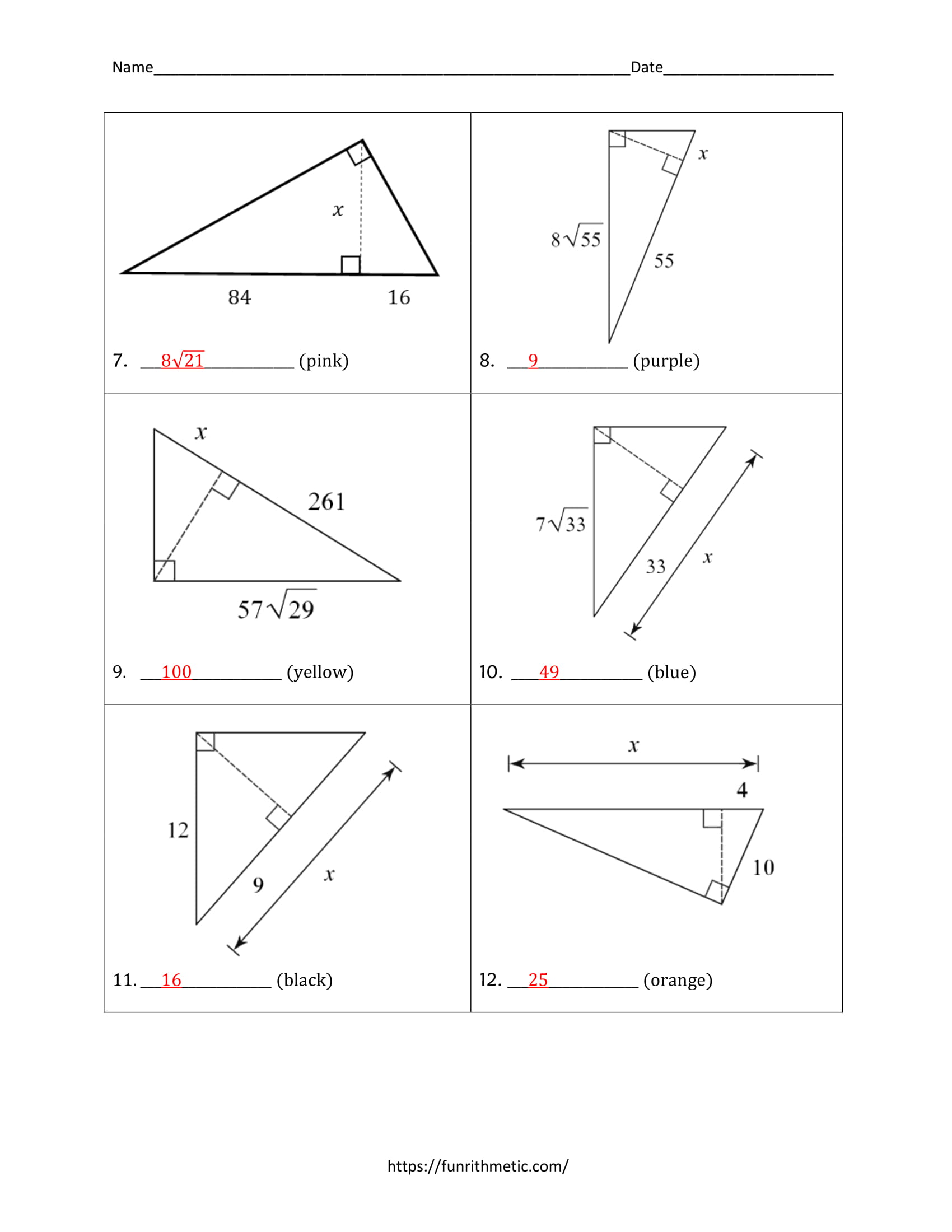 Similar Right Triangles Color by Number-6 | Funrithmetic