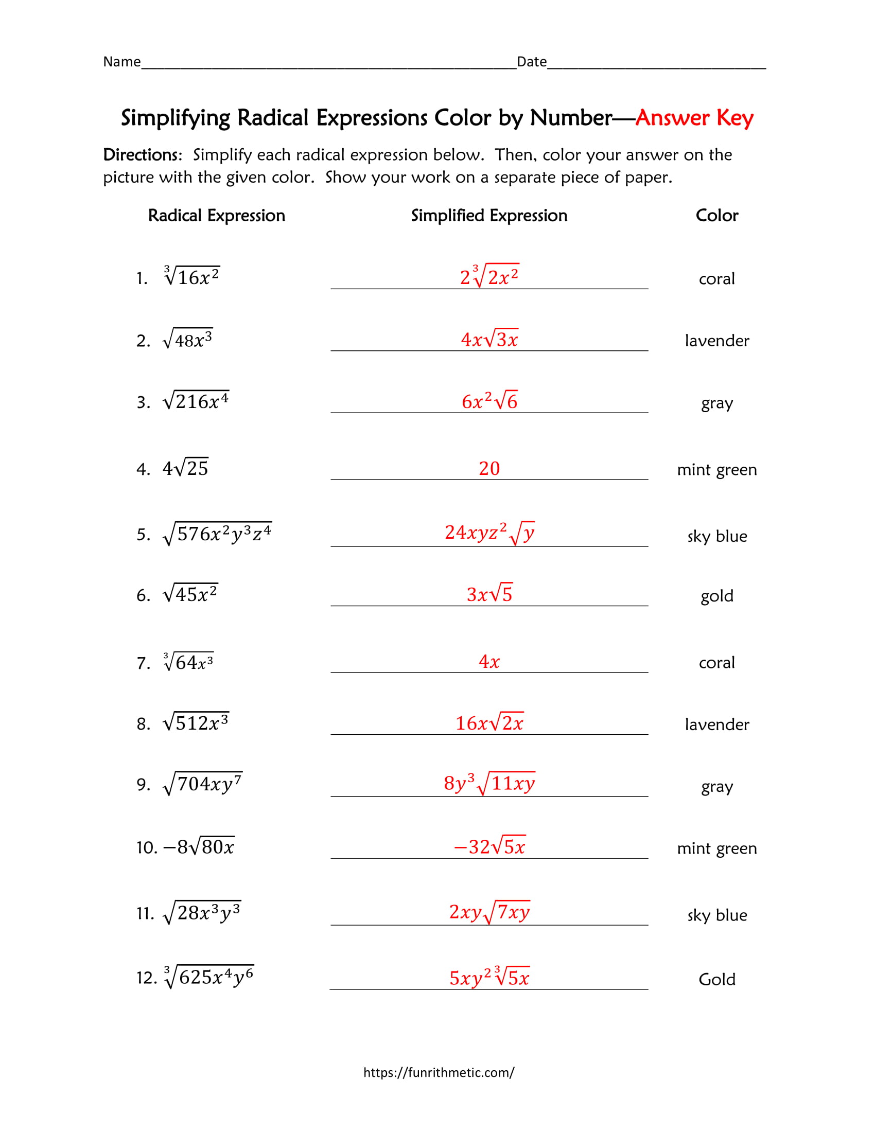 Simplifying Radical Expressions Color by Number-4 | Funrithmetic