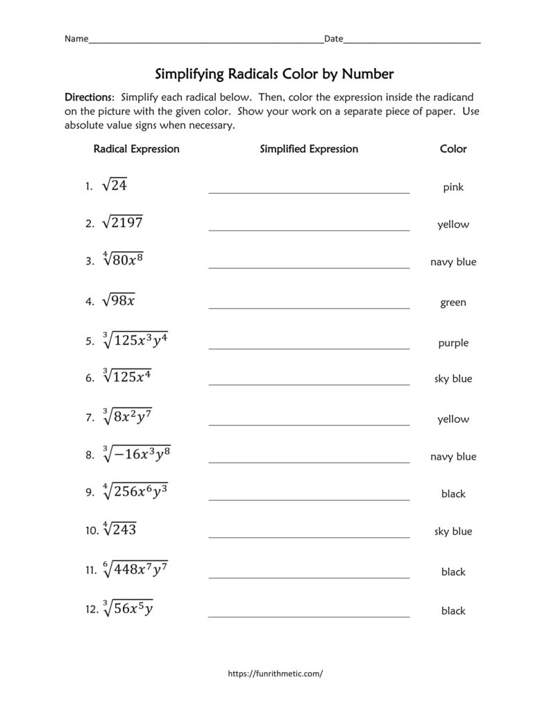 Simplifying Radicals (Algebra II) Color by Number | Funrithmetic