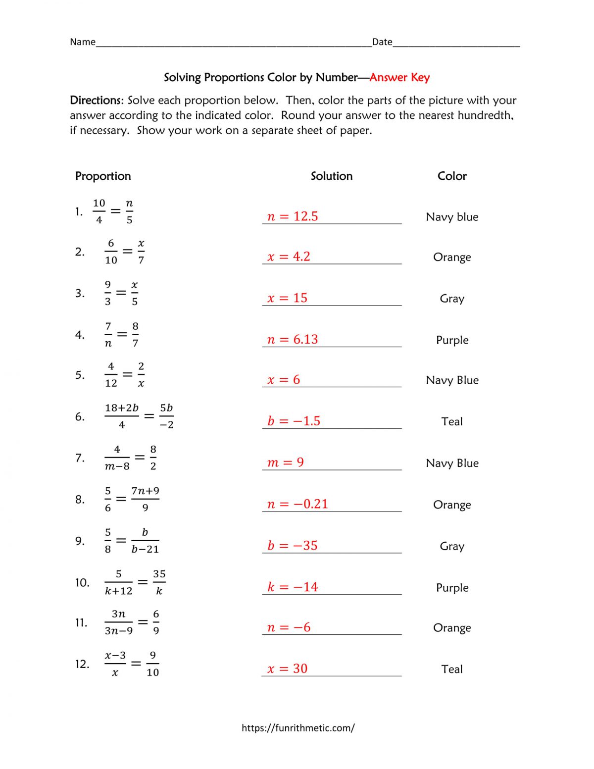 Solving Proportions Color by Number-4 | Funrithmetic