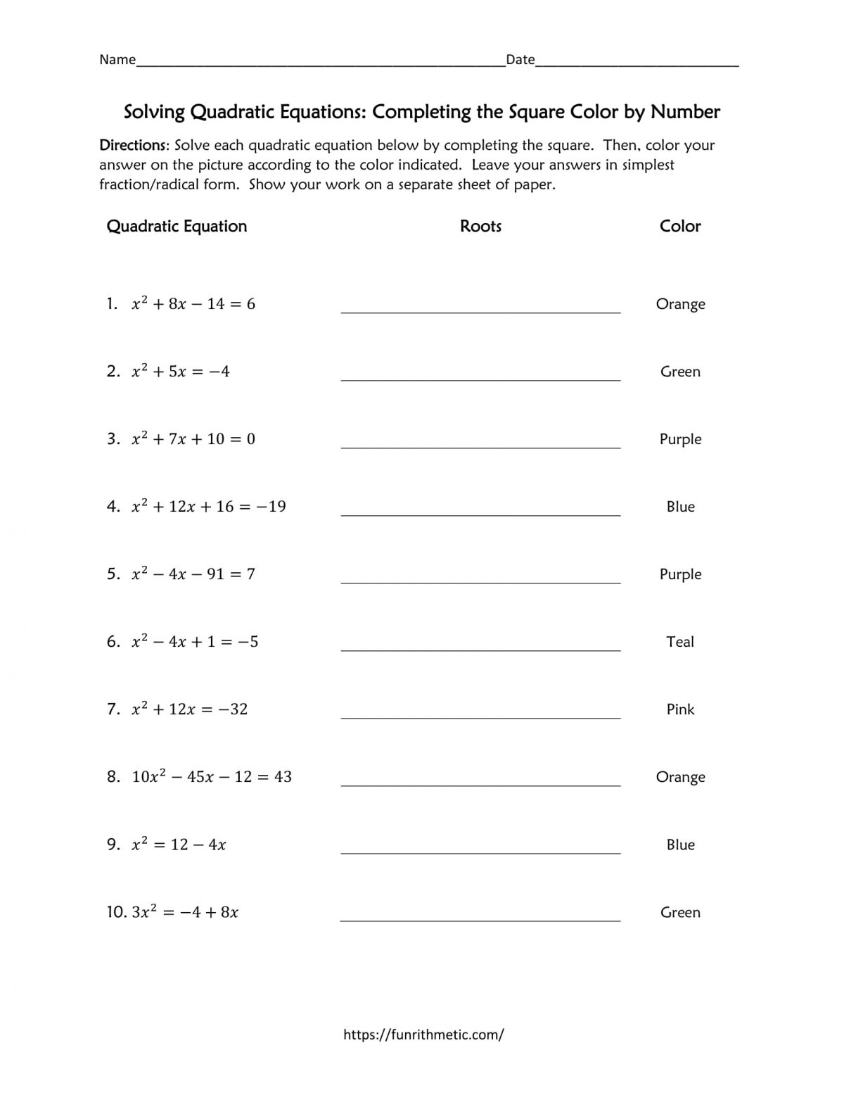Solving Quadratic Equations By Completing The Square Color By Number 2 Solving Quadratic Equations By Completing The Square Color By Number 2