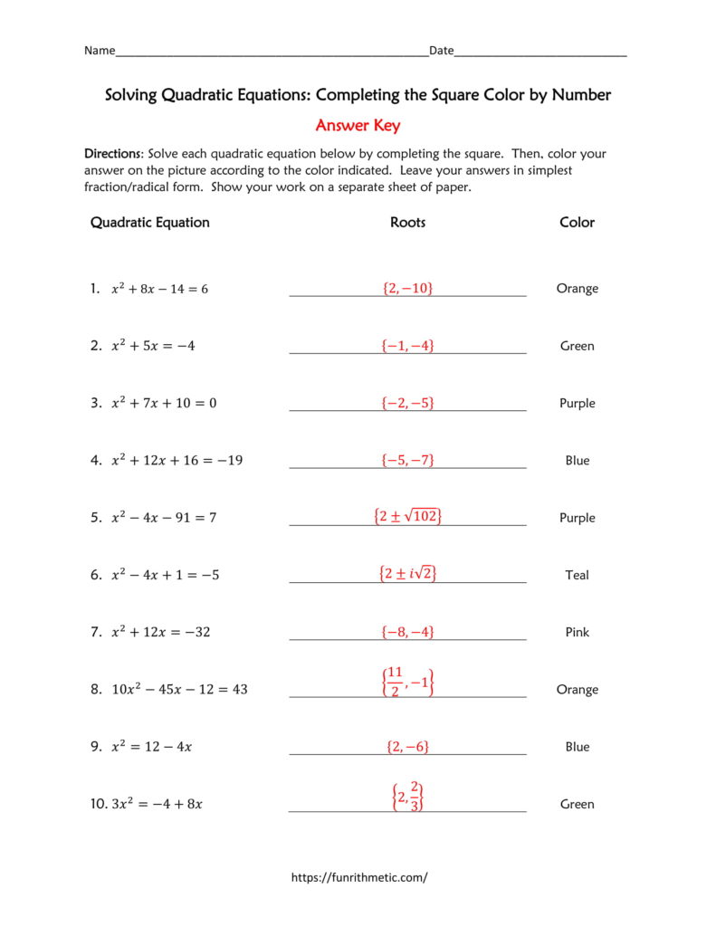 Solving Quadratic Equations by Completing the Square Color by Number-4 | Funrithmetic