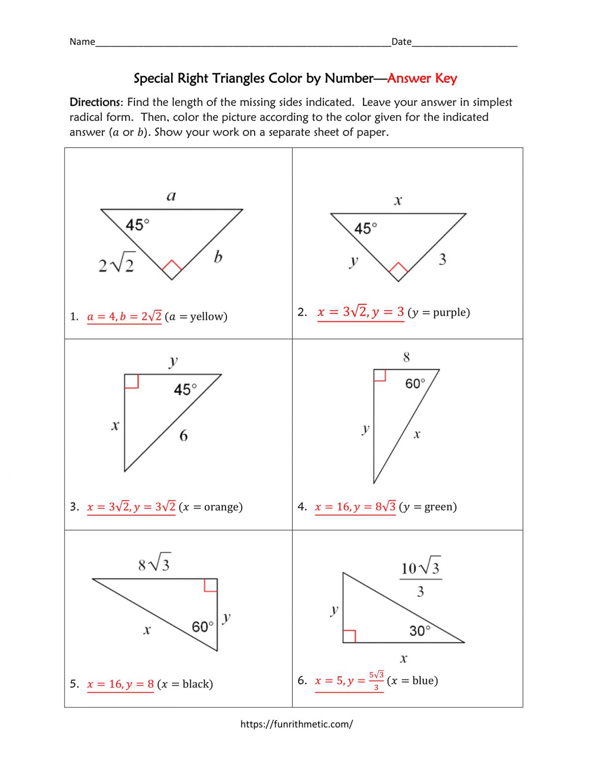 Special Right Triangles Color by Number-5 | Funrithmetic