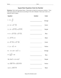 Square Root Equations Color by Number | Funrithmetic