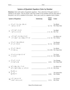 Systems of Quadratic Equations Color by Number | Funrithmetic