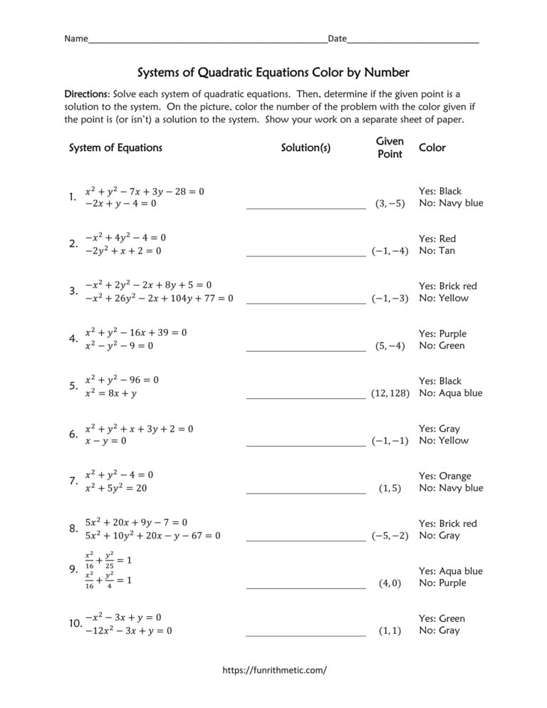 Systems of Quadratic Equations Color by Number | Funrithmetic